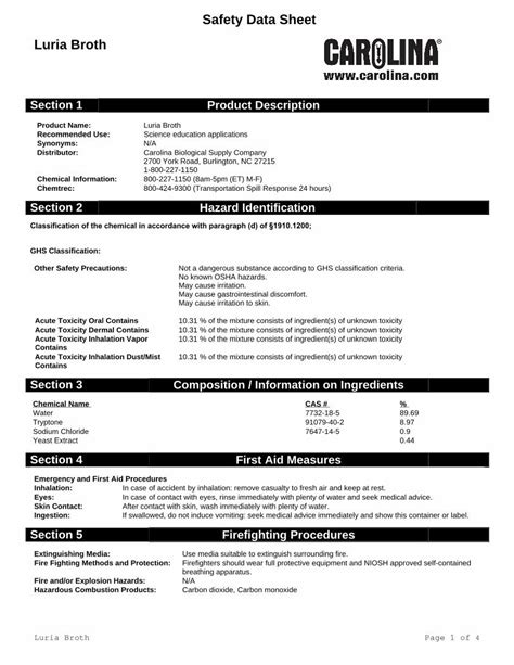 pdf luria broth safety data sheet · pdf filesafety data sheet luria