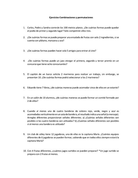 Ejercicios Combinaciones Y Permutaciones Tercer Semestre Ejercicios Combinaciones Y