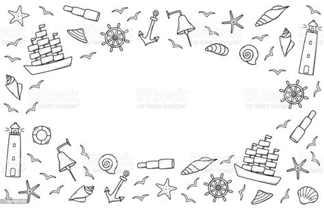 요소의 바다 세트 바다 생물의 낙서 아이콘 선박 망원경 껍질 구명 부표 앵커 스티어링 휠 황소 등대 및 갈매기 벡터 그림 선원 또는 해적의 상징입니다 3가지 개체에 대한