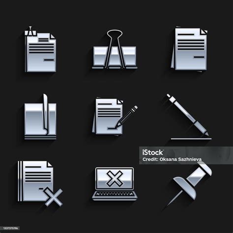 지우개로 빈 노트북과 연필을 설정하고 화면에 랩톱 크로스 마크 푸시 핀 펜 선 파일 문서 삭제 파일 및 바인더 클립 아이콘을 설정합니다 벡터 거절에 대한 스톡 벡터 아트 및