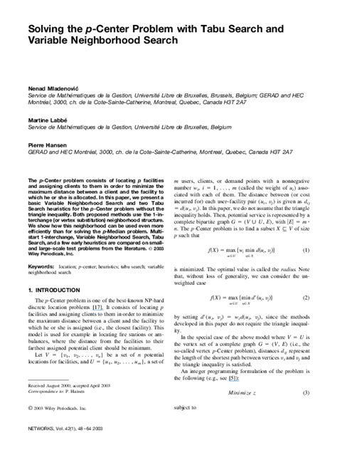 pdf solving thep center problem with tabu search and variable