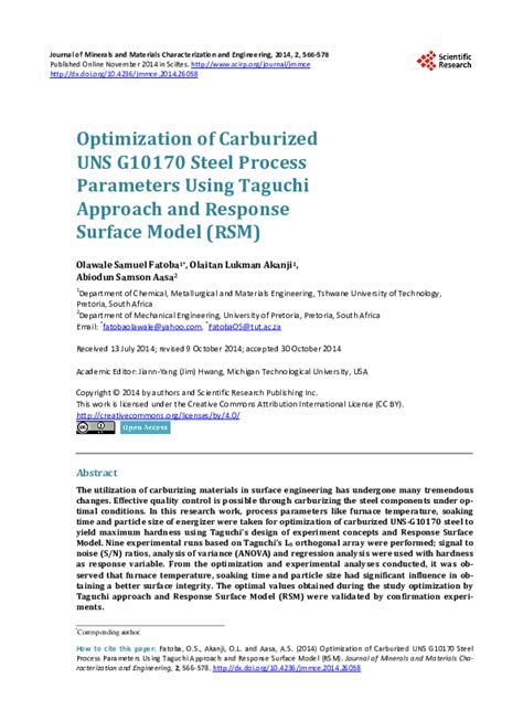 Pdf Optimization Of Carburized Uns G10170 Steel Process Parameters Using Taguchi Approach And