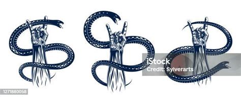 공격적인 뱀 세트 핫 뮤직 록 앤 롤 제스처와 뱀 하드 록 페스티벌 콘서트 또는 클럽 벡터 레이블 엠블럼 또는 로고 악기 가게와 록 핸드 사인 T 셔츠에 대한 스톡 벡터