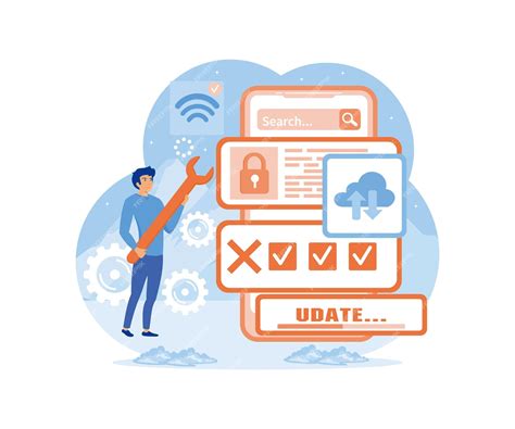 소프트웨어 업데이트 시스템 유지보수 업데이트 프로세스 설치 소프트웨어 운영 체제 개념 평면 터 현대 일러스트 프리미엄 벡터