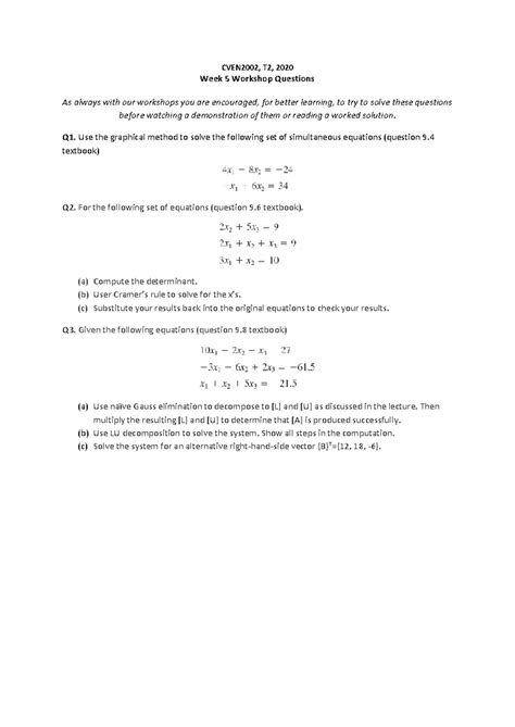 Lab Week 4 Cramer Gauss Eliminiation And Lu Decomposition Questions Cven2002 T2 2020 Week Lab Week 4 Cramer Gauss Eliminiation And Lu Decomposition Questions Cven2002 T2 2020 Week