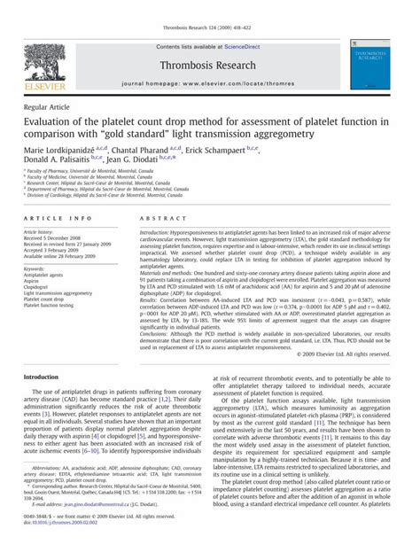 Pdf Evaluation Of The Platelet Count Drop Method For Assessment Of Platelet Function In