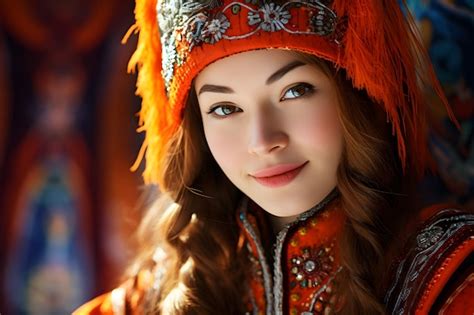 Premium Ai Image Nomadic Beauty Siberian Woman Showcasing Traditional Dress