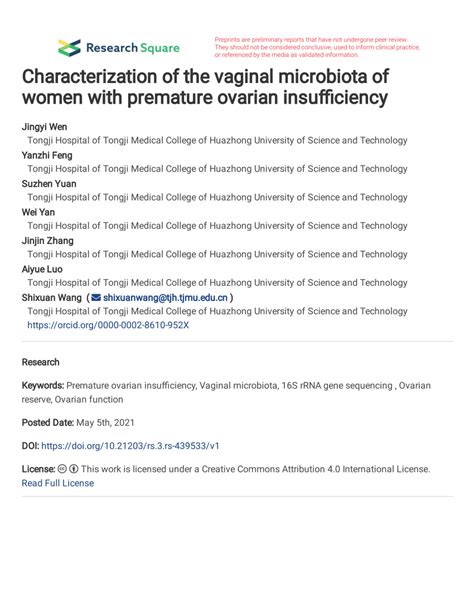 Pdf Characterization Of The Vaginal Microbiota Of Women With Premature Ovarian Insufficiency