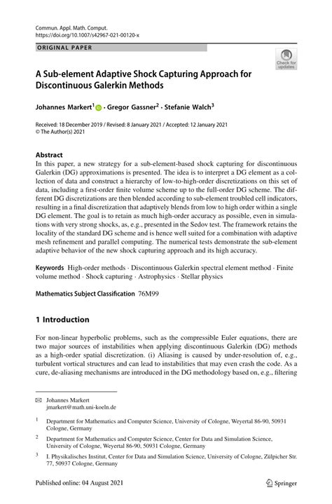 Pdf A Sub Element Adaptive Shock Capturing Approach For Discontinuous Galerkin Methods