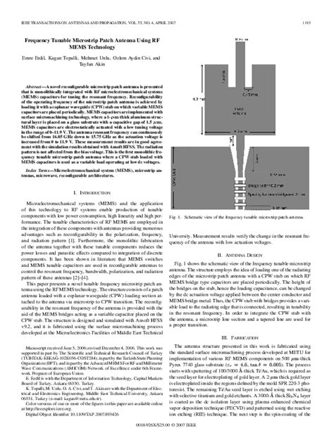 Pdf Frequency Tunable Microstrip Patch Antenna Using Rf Mems Technology