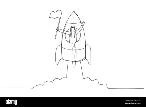Illustration Of Arab Man With Flag On A Rocket Ship Launching Single Continuous Line Art Design
