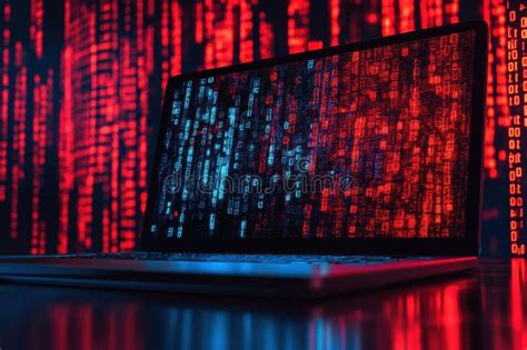 digital art of a laptop displaying binary code in red and blue against a dark backdrop stock