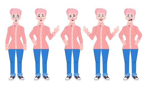 젊은 여성의 다양한 포즈와 감정의 컬렉션 소녀의 캐릭터 만화 스타일의 벡터 일러스트레이션 가리키기에 대한 스톡 벡터 아트 및