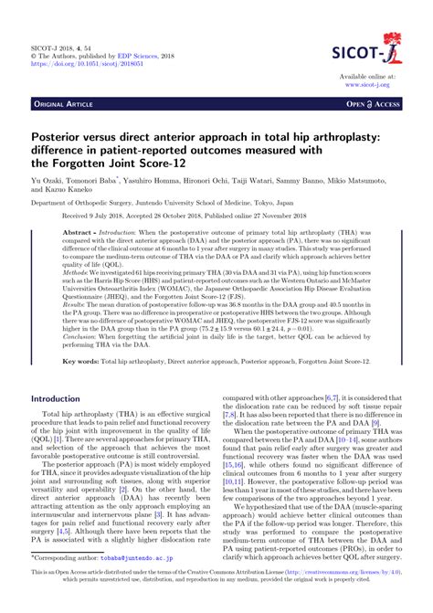 Pdf Posterior Versus Direct Anterior Approach In Total Hip Arthroplasty Difference In Patient