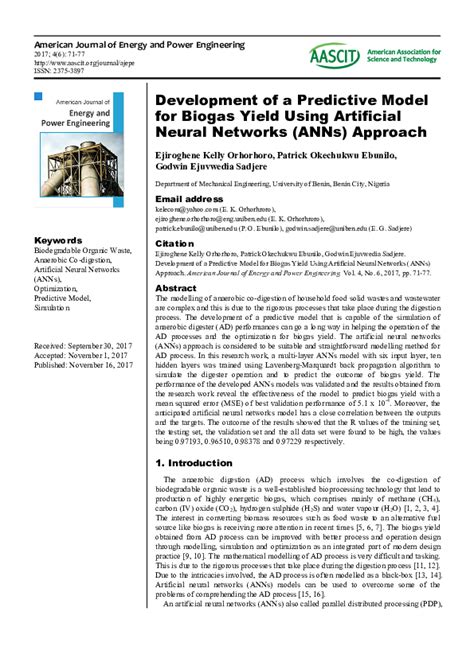 pdf development of a predictive model for biogas yield using