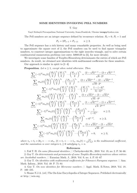 Pdf Some Identities Involving Pell Numbers