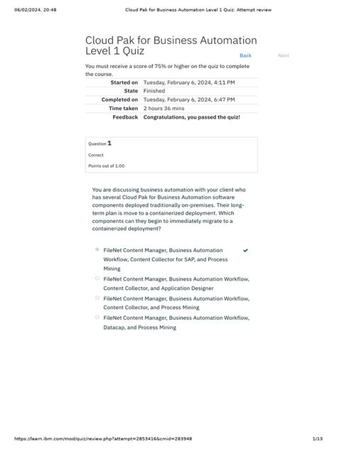 cloud pak for business automation level 1 quiz attempt review pdf