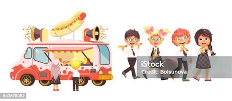 벡터 일러스트 레이 션 절연 문자 어린이 학생 남학생 및 여 학생 패스트 푸드 샌드위치 핫도그 소시지 자동차에서 바퀴 길거리 음식 학교에 식사 간식 평면 스타일 개성 개념에