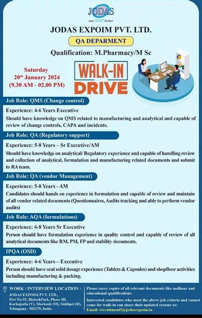 Jodas Expoim Walk In Interview For Qa Department Multiple Opening