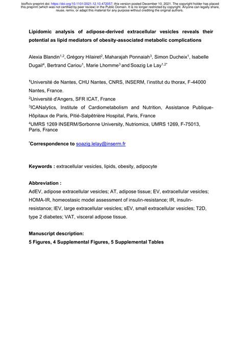 PDF Lipidomic Analysis Of Adipose Derived Extracellular Vesicles