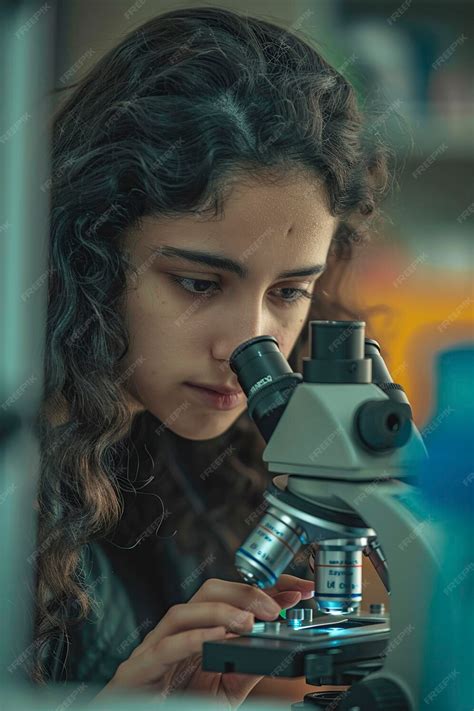 Woman Using Microscope In Lab Premium Ai Generated Image