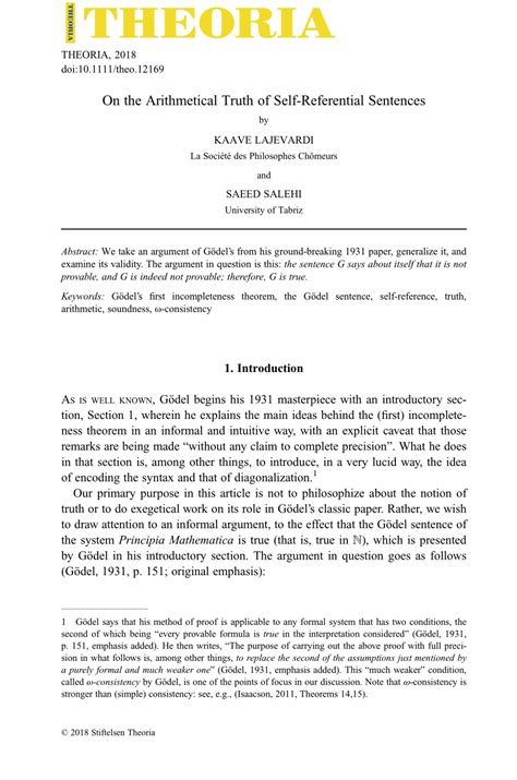 Pdf On The Arithmetical Truth Of Self‐referential Sentences