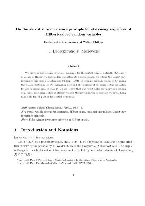 Pdf On The Almost Sure Invariance Principle For Stationary Sequences Of Hilbert Valued Random