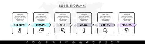 6개의 직사각형이 있는 라인 벡터 인포그래픽 화살표가 있는 정사각형 차트 프로세스 템플릿입니다 회사 또는 기업 비즈니스 프로젝트를 위한 최신 타임라인 0명에 대한 스톡 벡터