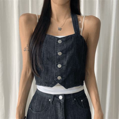 개별구매창 블루키 생지 스티치 홀터 버튼 데님 크롭 청 뷔스티에 뒷밴딩 탑 나시 와이드 데님 롱 일자 하이웨스트 팬츠 투피스 셋업 세트 에이블리