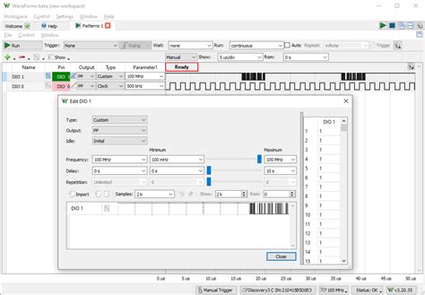 analog discovery 3 custom waveform and continuous clock test and