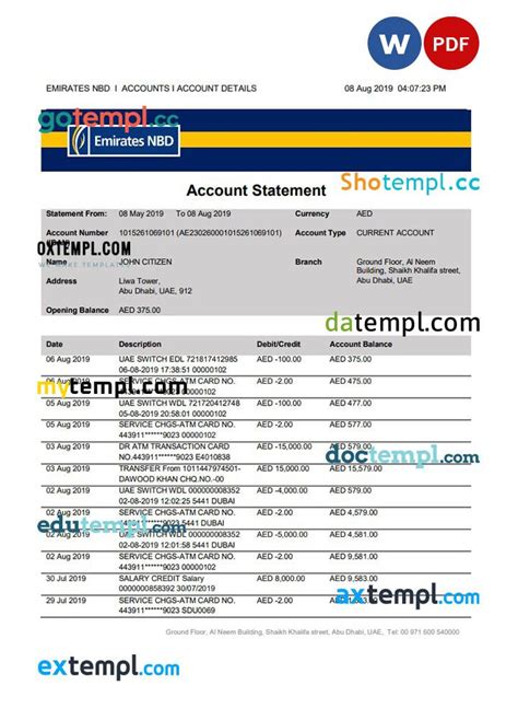 Sample Uae Abu Dhabi Emirates Nbd Bank Statement Template In Word And