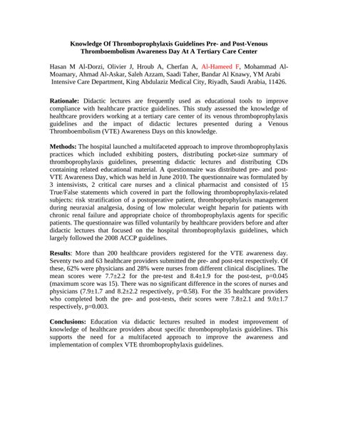 Pdf Knowledge Of Thromboprophylaxis Guidelines Pre And Post Venous Thromboembolism Awareness
