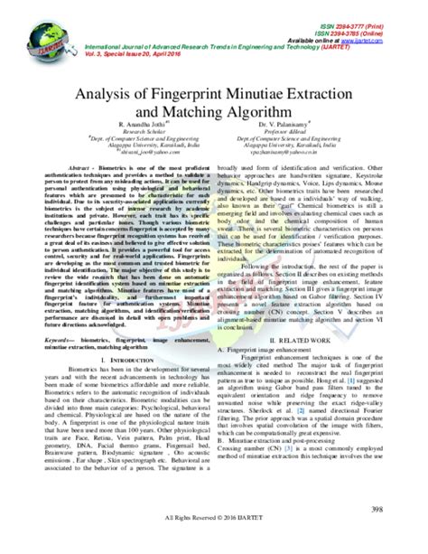 Pdf Analysis Of Fingerprint Minutiae Extraction And Matching Algorithm