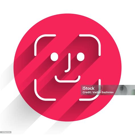 긴 그림자로 격리된 화이트 페이스 인식 아이콘입니다 얼굴 식별 스캐너 아이콘입니다 얼굴 Id 사이버 보안 개념 빨간색 원