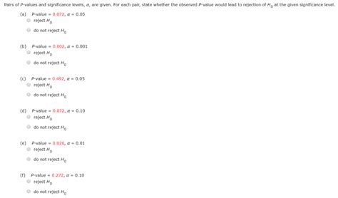 Solved Pairs Of P Values And Significance Levels A Are Chegg Com