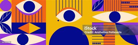 바우하우스 기하학적 눈 예술 포스터 세트 눈 원 잎이 있는 그래픽 모양 포스터 바우 하우스 입체파 템플릿입니다 벡터 그림입니다 최소한의 그래픽 커버 가리기에 대한 스톡 벡터