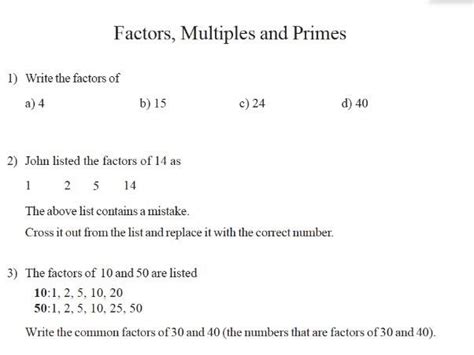 Gcse Maths Factors Multiples And Primes Worksheet Teaching Resources