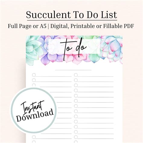 To Do List Task List Printable Fillable Templates PDF A5 Letter Instant Download
