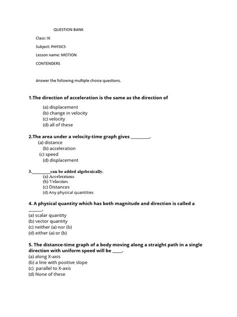 Qb Pt 1 Class 9 Motion Pdf Acceleration Velocity