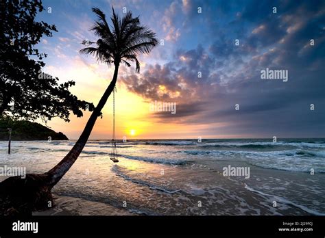 Phu Quoc Vietnam Dawn On A Deserted Beach With Beautiful Leaning
