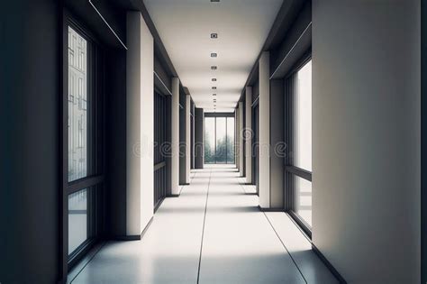 Interior Of Empty Office Corridor In Minimalist Style And Access To