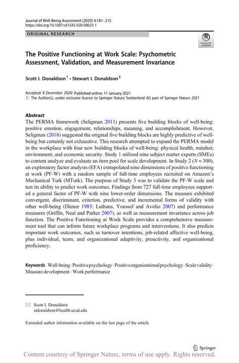 The Positive Functioning At Work Scale Psychometric Assessment
