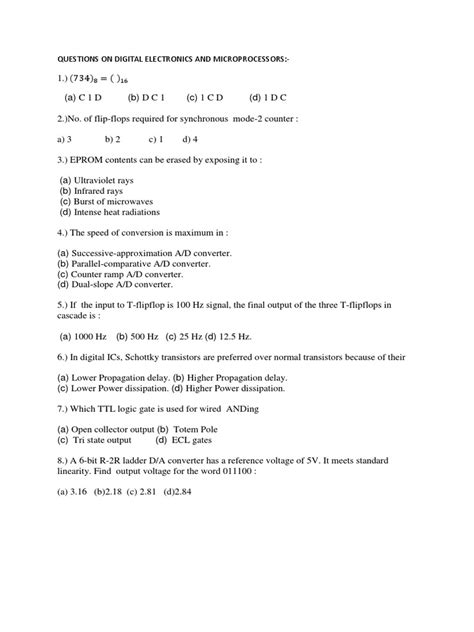 Questions On Digital Electronics And Microprocessors Pdf Field Effect Transistor Cmos