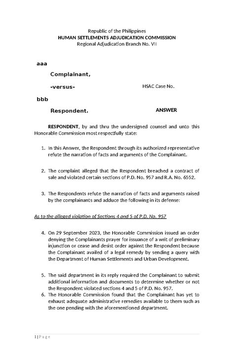 Hsac Case No Vii Respondents Answer To Complaint On Contract Breach