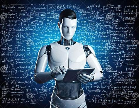 3d Rendering Humanoid Robot Using Tablet Computer With Mathematical Formulas On Background
