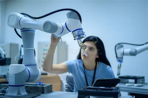 Female Robotics Engineer Working With Programming And Manipulating