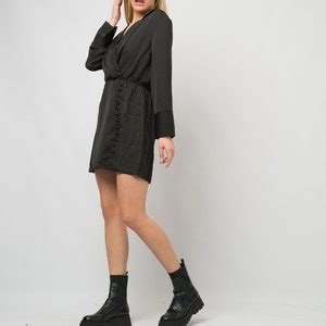 Collared Wrap Satin Dresslong Sleeve Short Black Dressmini Formal