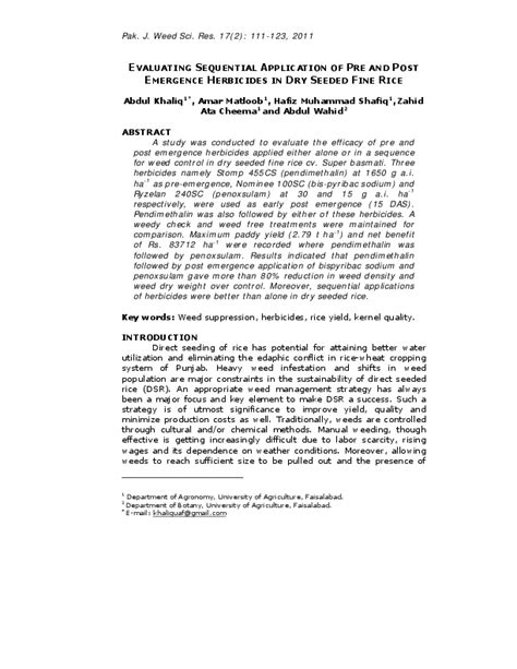 Pdf Evaluating Sequential Application Of Pre And Post Emergence Herbicides In Dry Seeded Finer