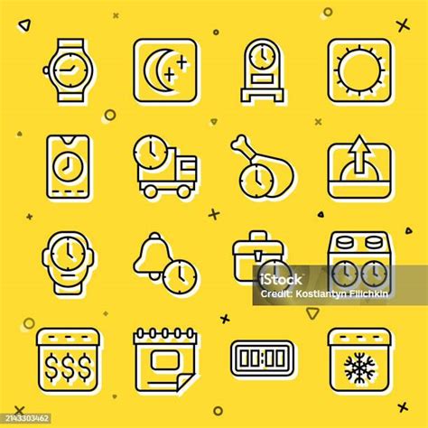 라인 달력 겨울 시간 체스 시계 일출 골동품 배달 트럭 및 시간 알람 앱 모바일 손목 시계 및 음식 아이콘을 설정합니다 벡터 가득 찬에 대한 스톡 벡터 아트 및 기타 이미지