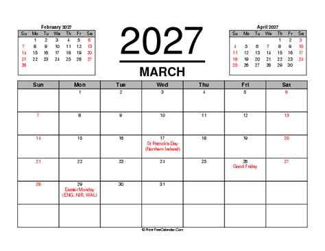 March 2027 Calendars With Uk Bank Holidays Word Pdf Excel